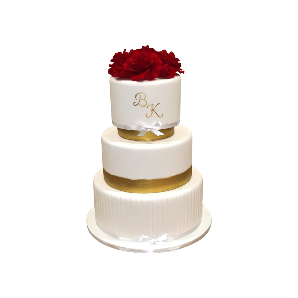 White & Gold Cake (Red Roses) | Poles Patisserie